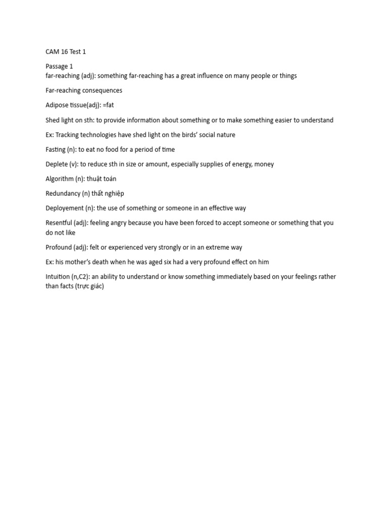 Vocabulary for CAM 16 Test 1 Passage | PDF