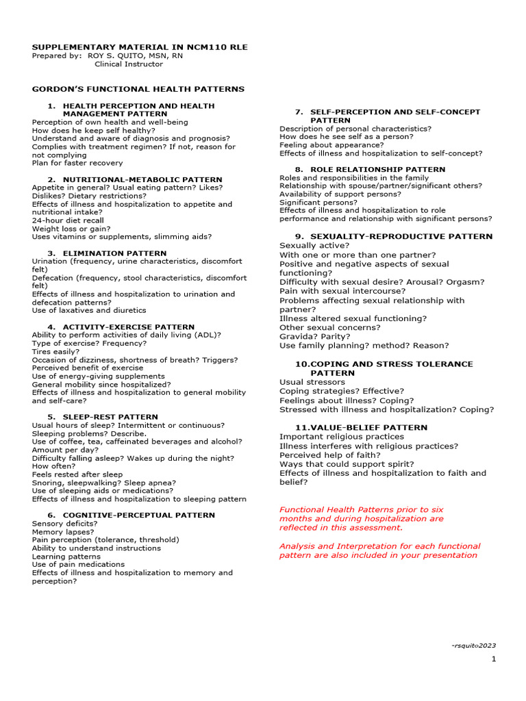 Gordon's Functional Health Patterns Assessment | PDF | Sleep | Weight Loss