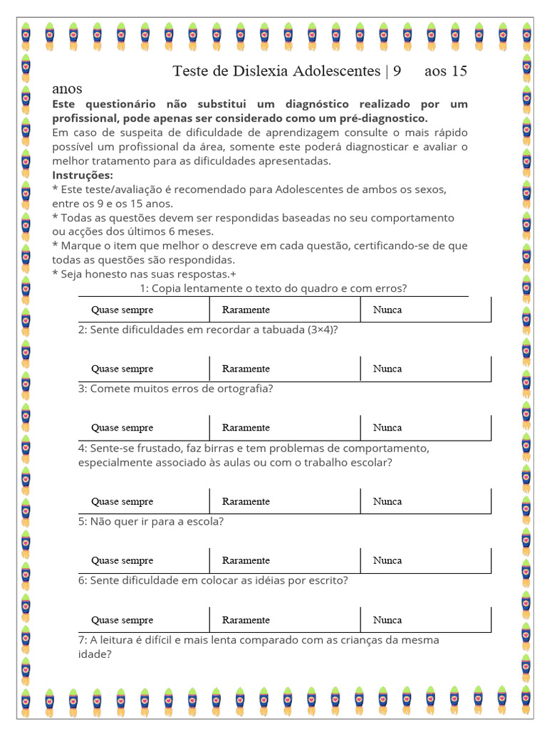 Teste de Dislexia para Adolescentes 9-15 anos | PDF | Autoajuda