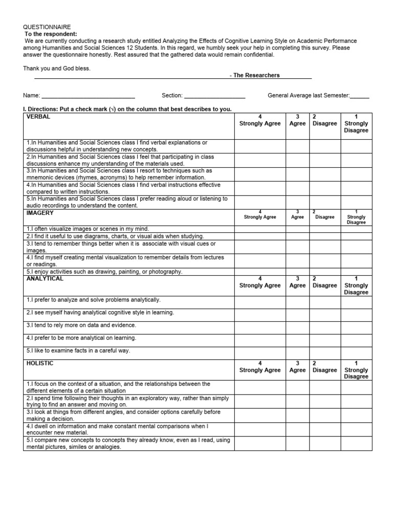 Student Learning Style Survey | PDF | Concept | Social Sciences