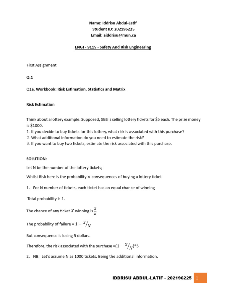 Safety and Risk Engineering Assignment 1 - Iddrisu Abdul-LatifFinal ...