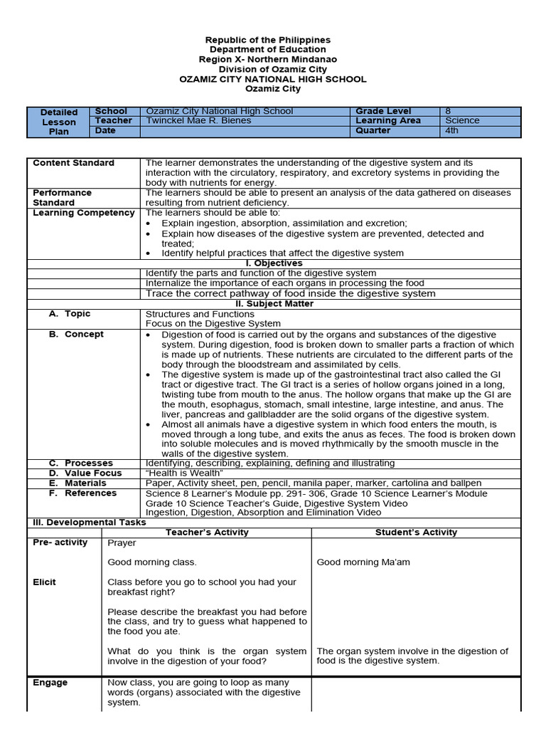 Detailed Lesson Plan in Digestive Systemdocx | PDF | Gastrointestinal ...