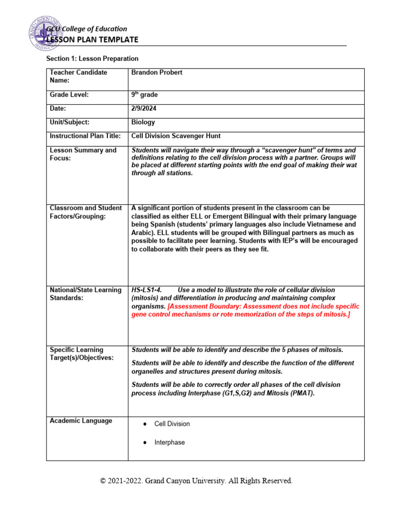 cell cycle lesson plan | PDF | Mitosis | Cell Biology