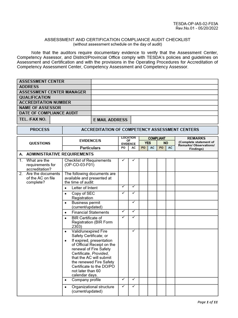 TESDA Compliance Audit Checklist | PDF | Audit | Closed Circuit Television