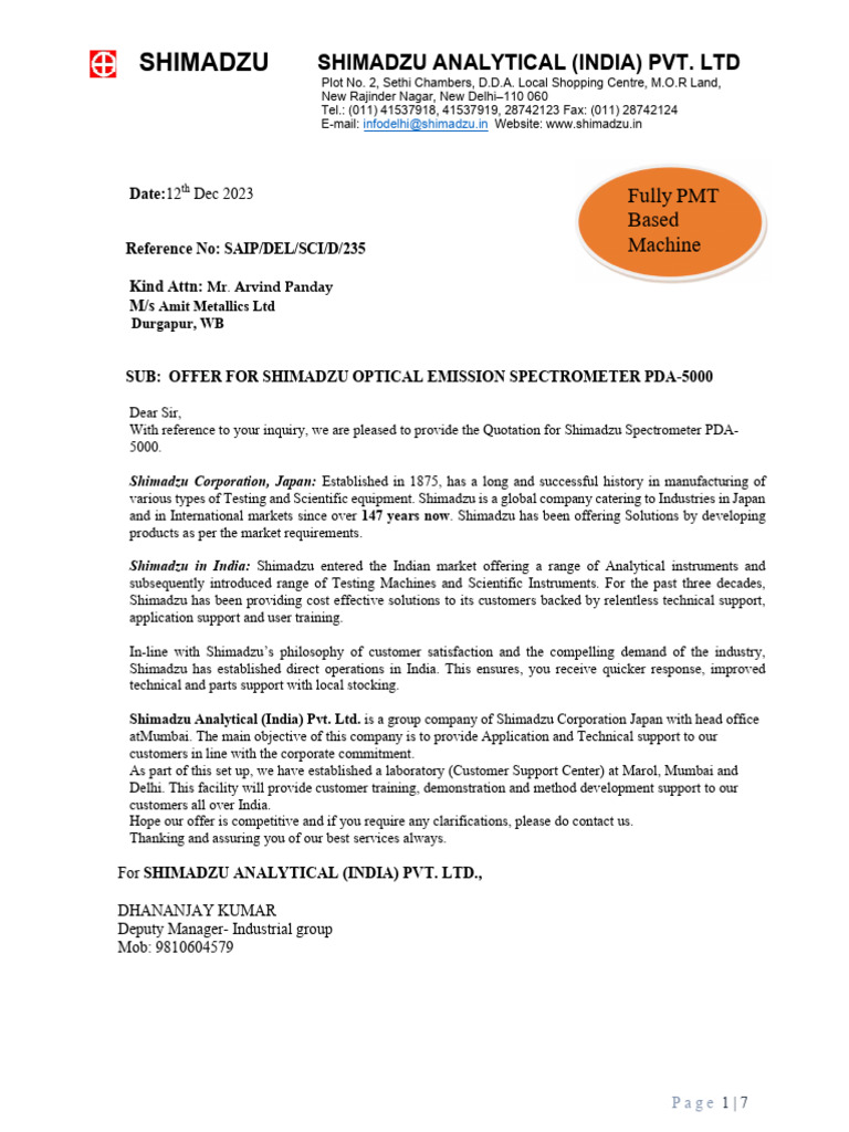 Offer - PMT Base Spectrometer PDA 5000 Amit Metaliks Durgapur | PDF