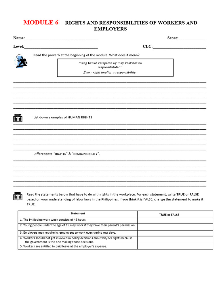 Module 6 Rights and Responsibilities of Workers and Employers | PDF ...