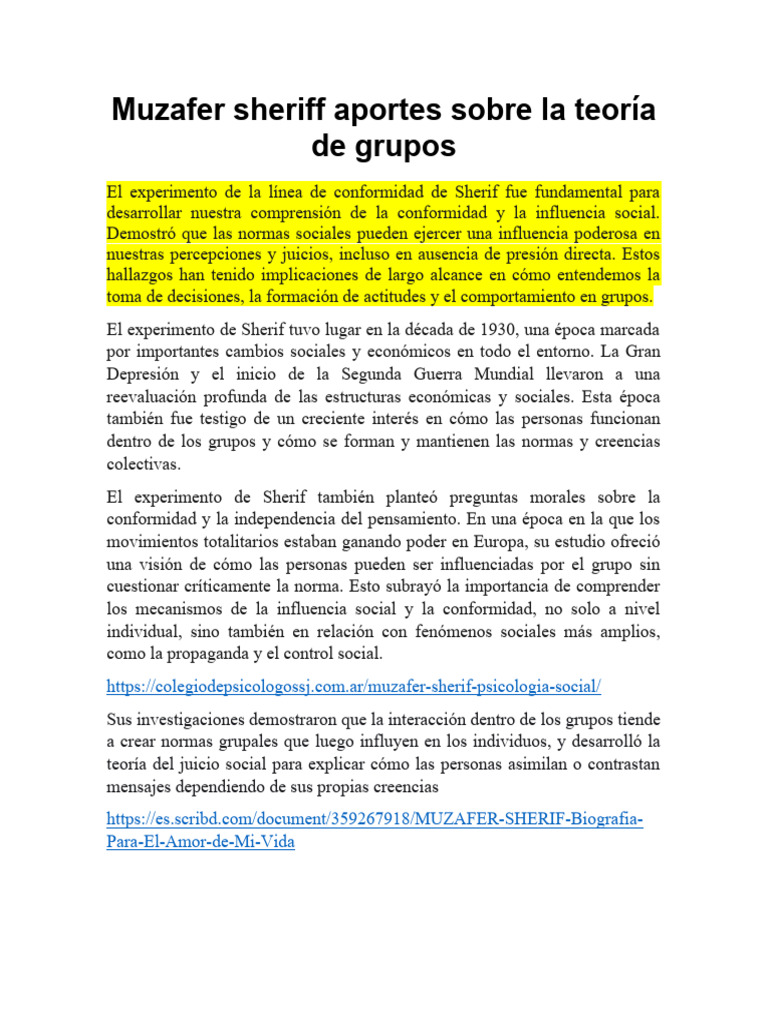 Aportes de Muzafer Sherif a la Teoría de Grupos | PDF | Conformidad ...