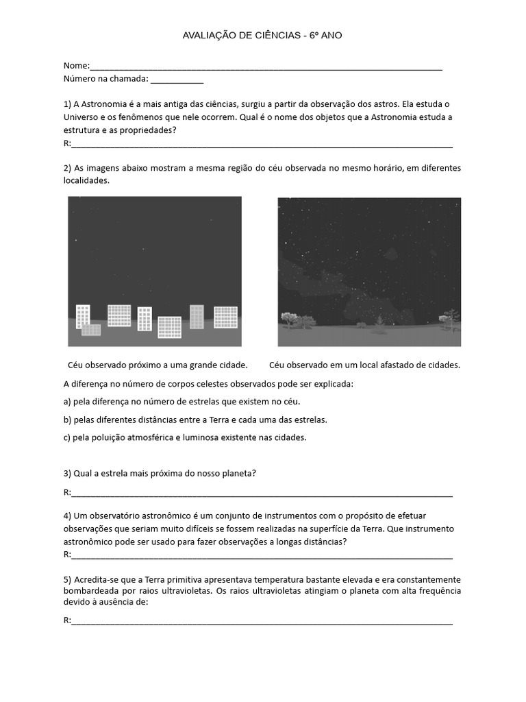 Av1 - 1tri 6º Ano | PDF | Terra | Astronomia