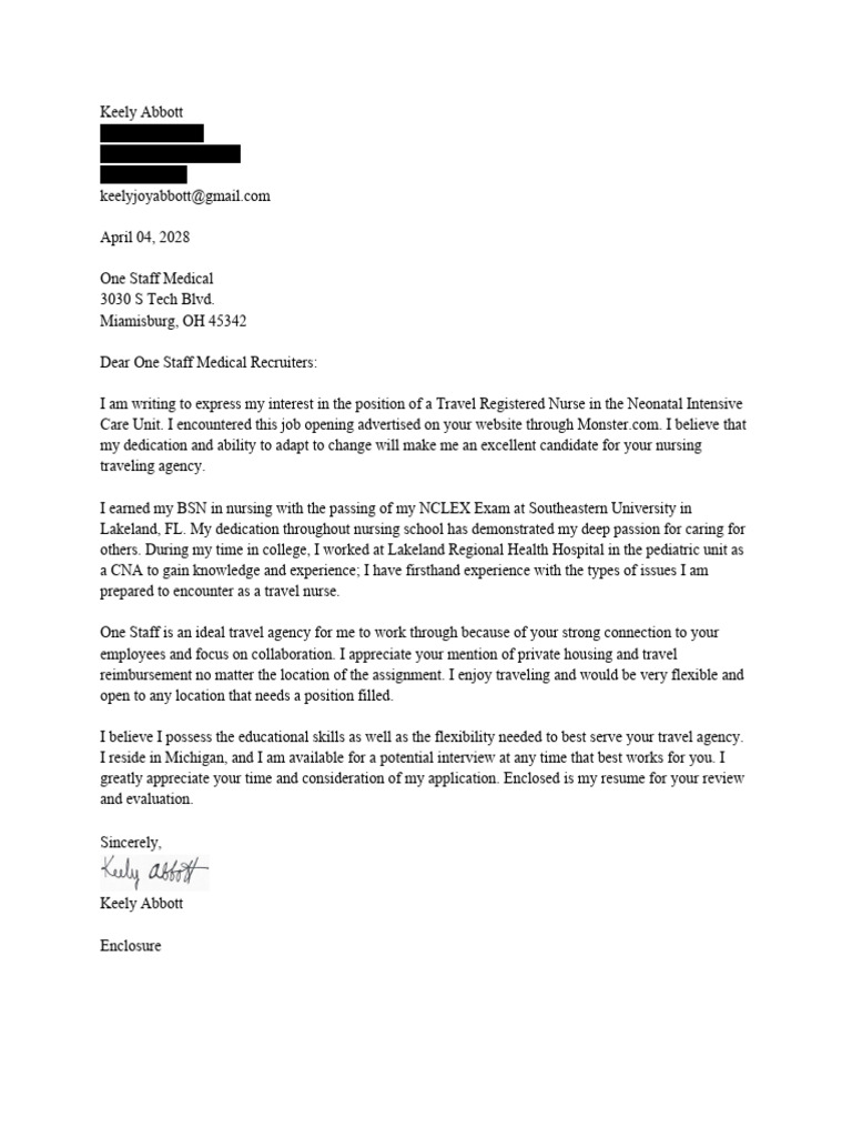 Travel NICU Nurse Application Letter | PDF | Career & Growth