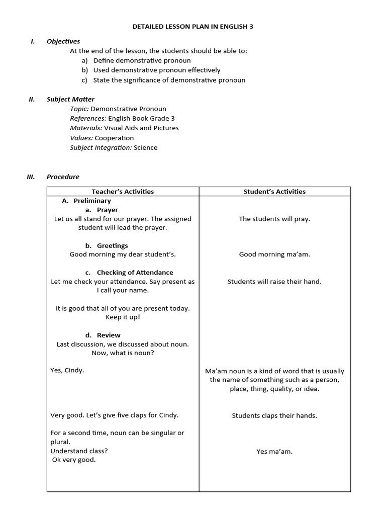 Detailed Lesson Plan In English 2 Pdf Grammatical Number Pronoun