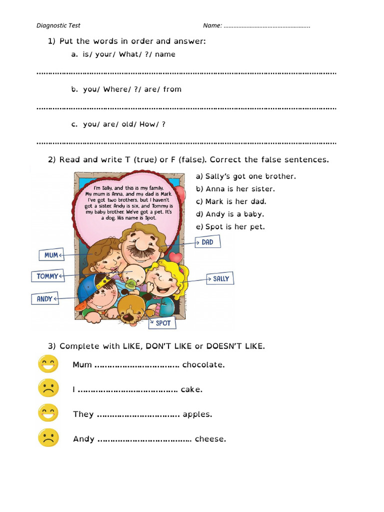 English Diagnostic Test for Kids | PDF