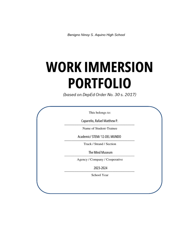 Work Immersion Portfolio: (Based On Deped Order No. 30 S. 2017) | PDF ...