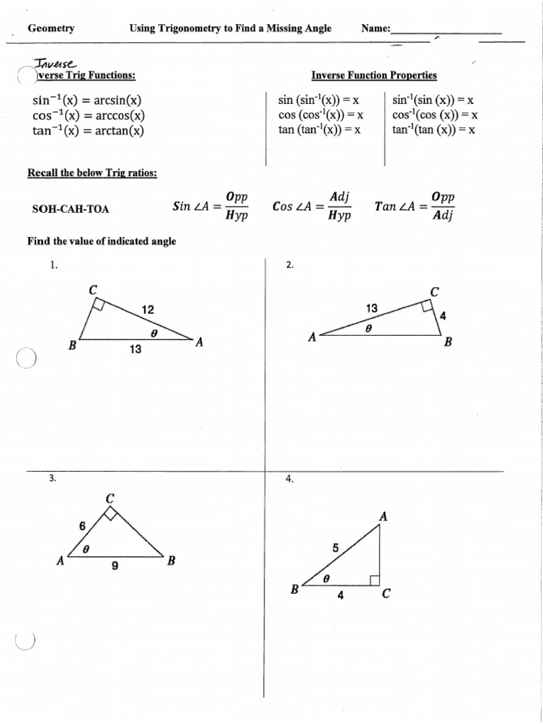 Trig Ratio Missing Angle Handout2024 | PDF