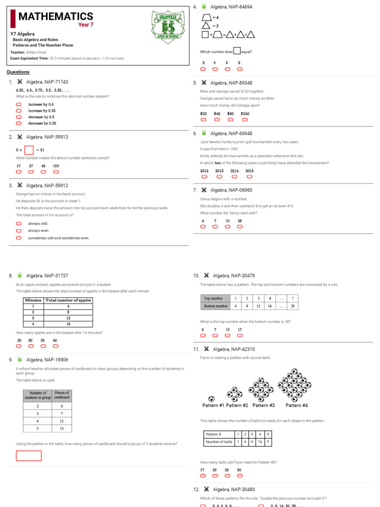 Year 7 Algebra Problem Set | PDF | Numbers | Volume