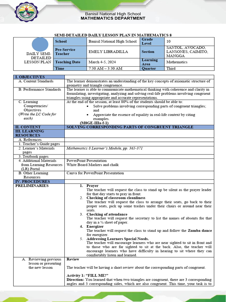 Dlp4-Q3-Solving-Corresponding-Parts-Of-Congruent-Triangles - Final | PDF | Triangle | Learning