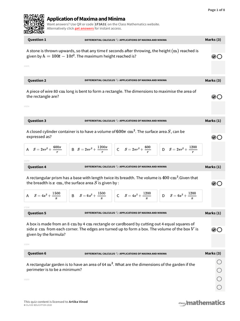 Application of Maima and Minima | PDF | Area | Differential Calculus