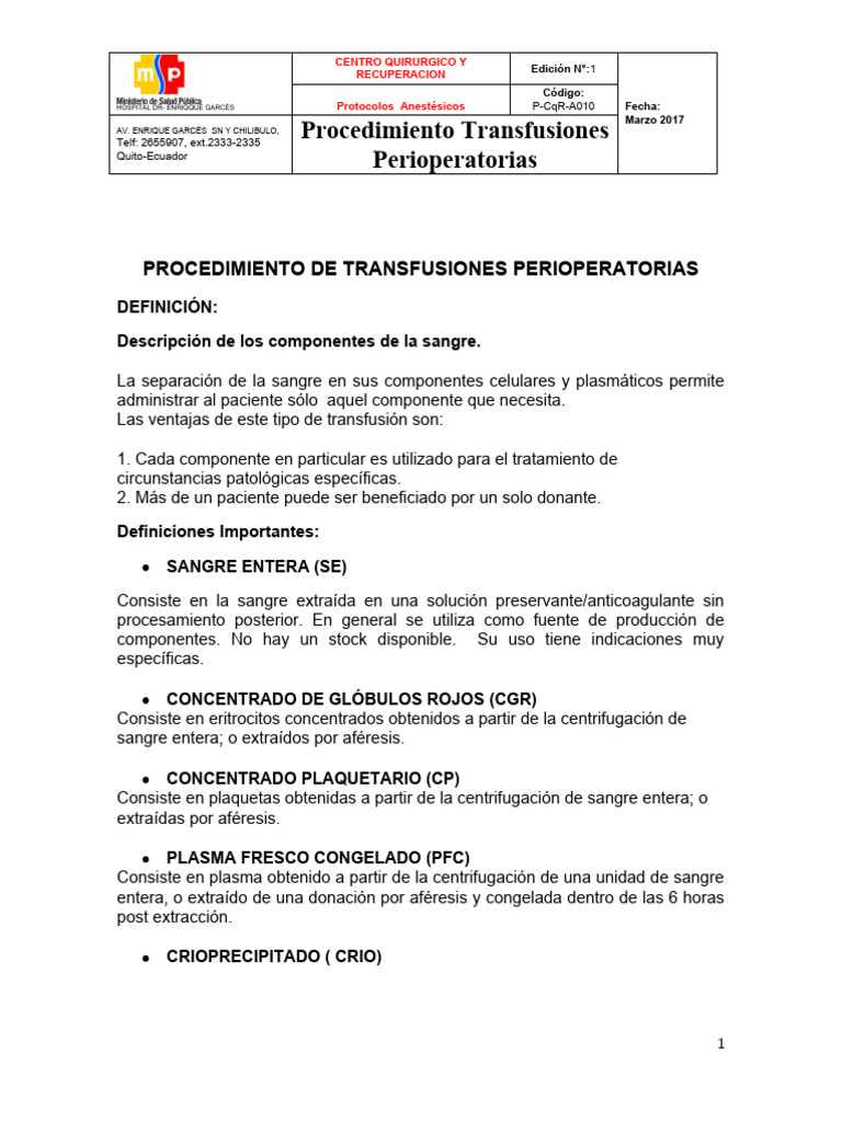 P-CqR-A010 PROCEDIMIENTO TRANSFUSIONES PERIOPERATORIA | PDF | Sangre ...