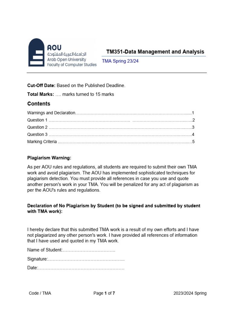 TM351 - TMA - Spring 2024 - Questions | PDF | Statistics | Science TM351 - TMA - Spring 2024 - Questions | PDF | Statistics | Science