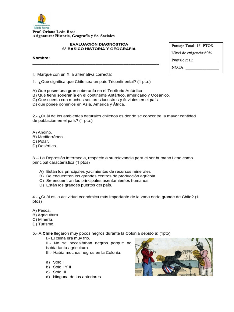 Prueba de Diagnostico Sexto Básico | PDF | Chile
