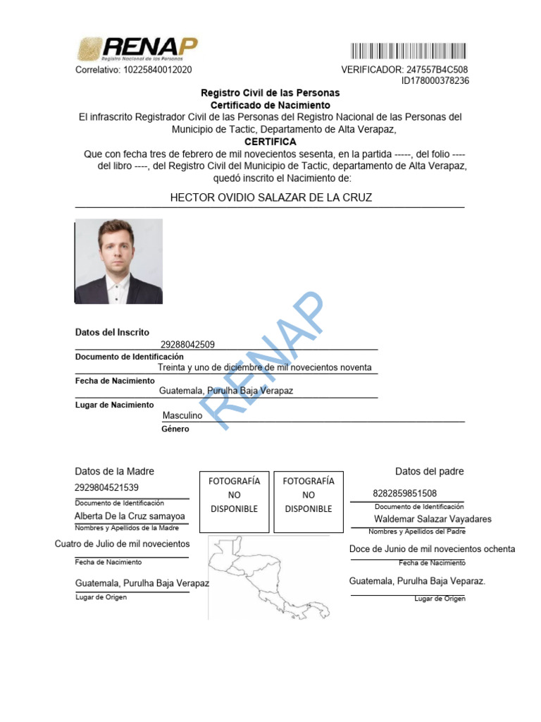 Certificado de Nacimiento Renap | PDF | Autenticación