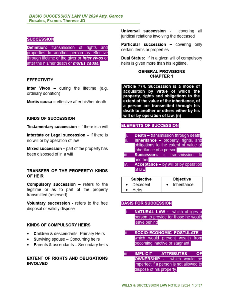 Basic Succession Law Notes | PDF | Will And Testament | Inheritance