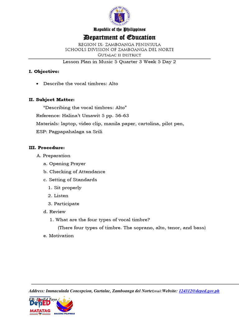 Lesson Plan in Music 5 Quarter 3 Week 5 Day 2 | PDF | Vocal Music | Singing