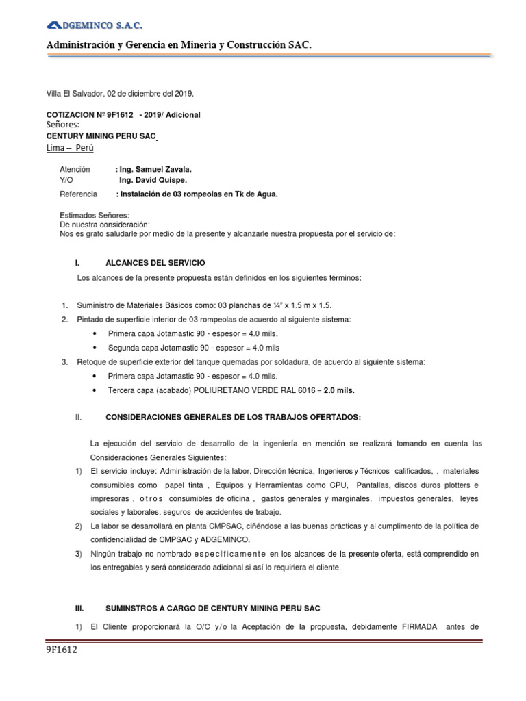 9F1612 Servicio Instalacion de 03 Rompe Olas en TK Agua. | PDF