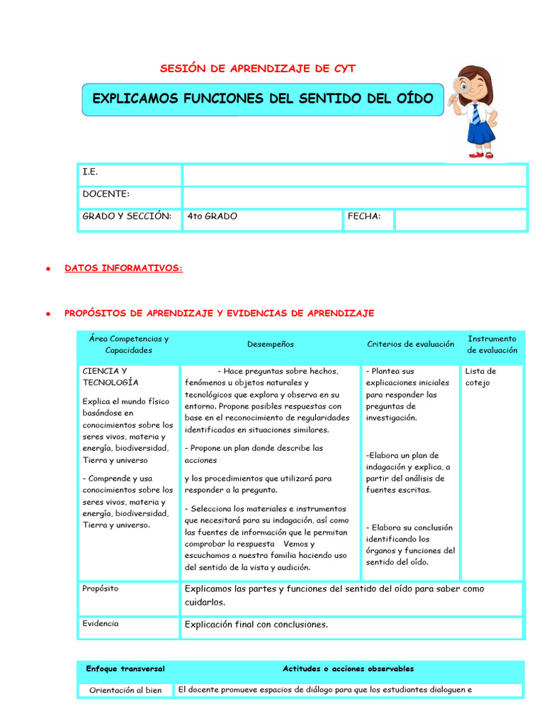 4° U1 S2ses. Cyt Sentido Oido | PDF | Aprendizaje | Evaluación