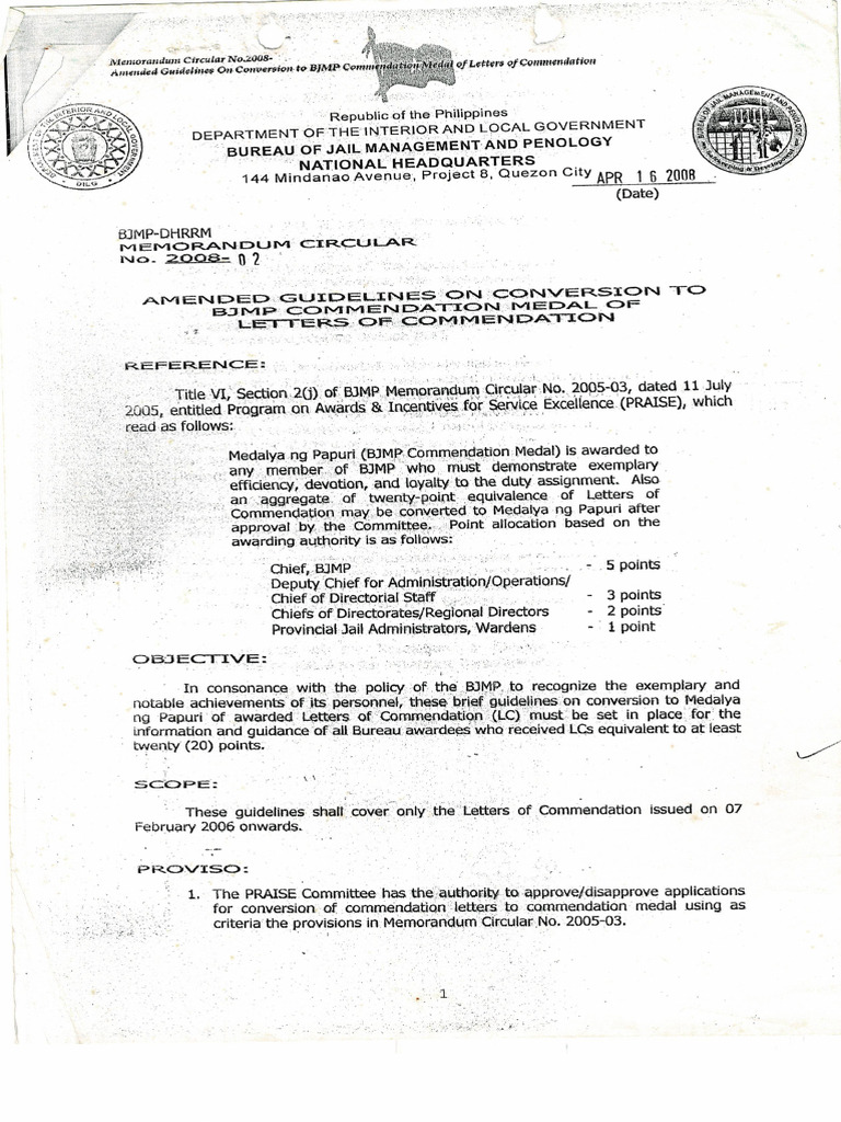 Amended Guidelino BJMP Commendation Medal of Letters of Commendation | PDF
