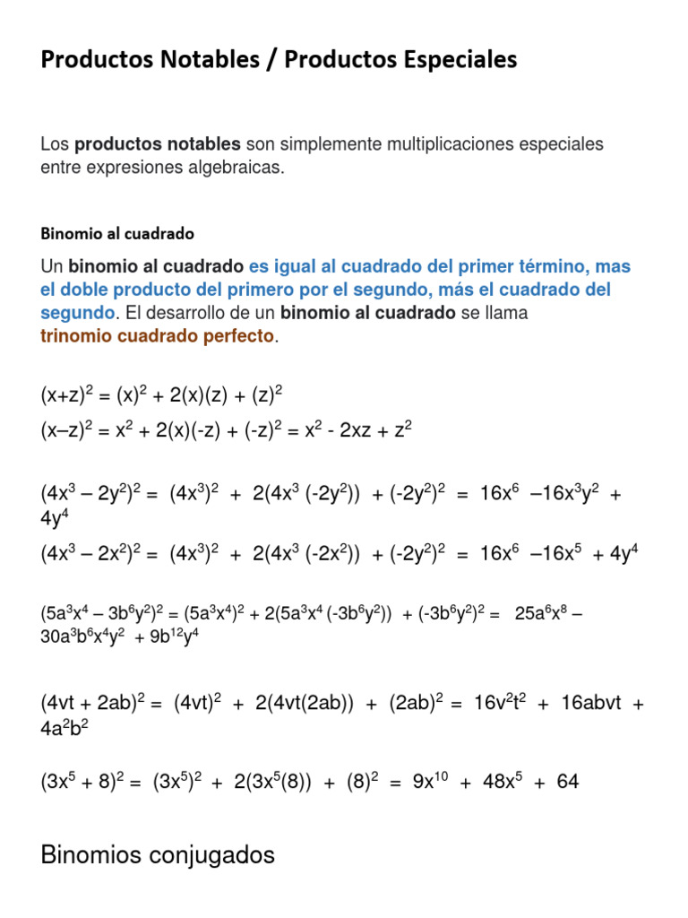 Productos Notables y Productos Especiales | PDF | Álgebra | Matemáticas