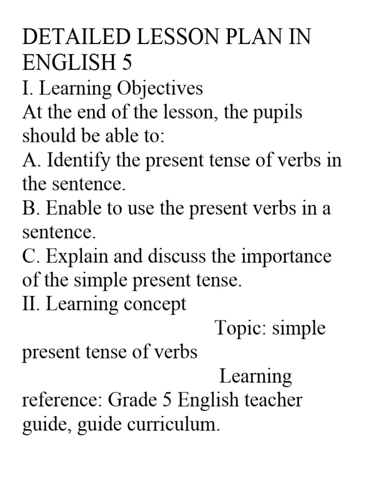 DETAILED LESSON PLAN IN ENGLISH 5 | PDF | Lesson Plan | Grammatical Tense