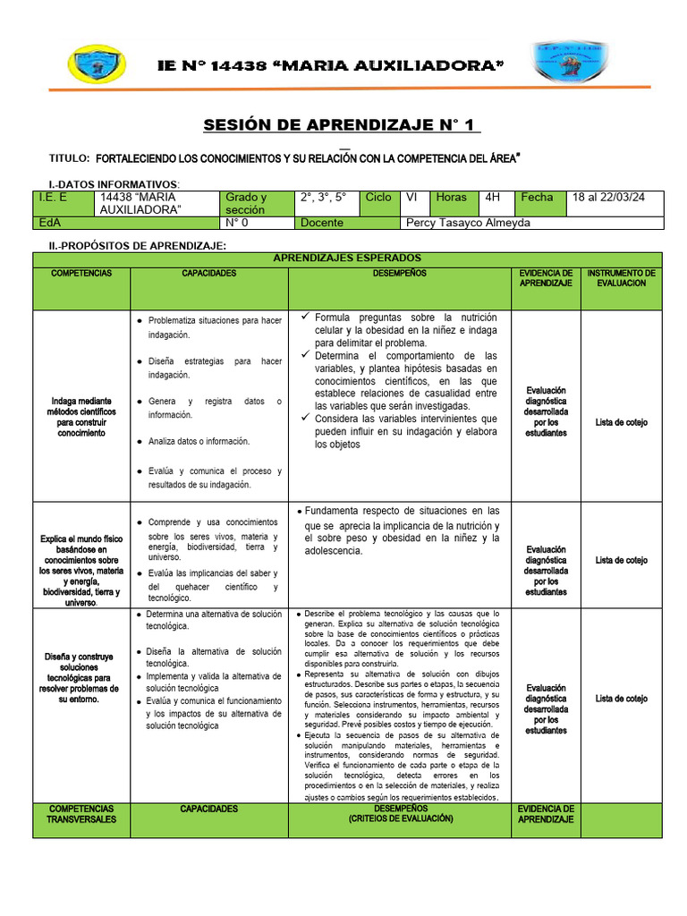 Modelo SESIÓN DE APRENDIZAJE | PDF | Evaluación | Enseñando