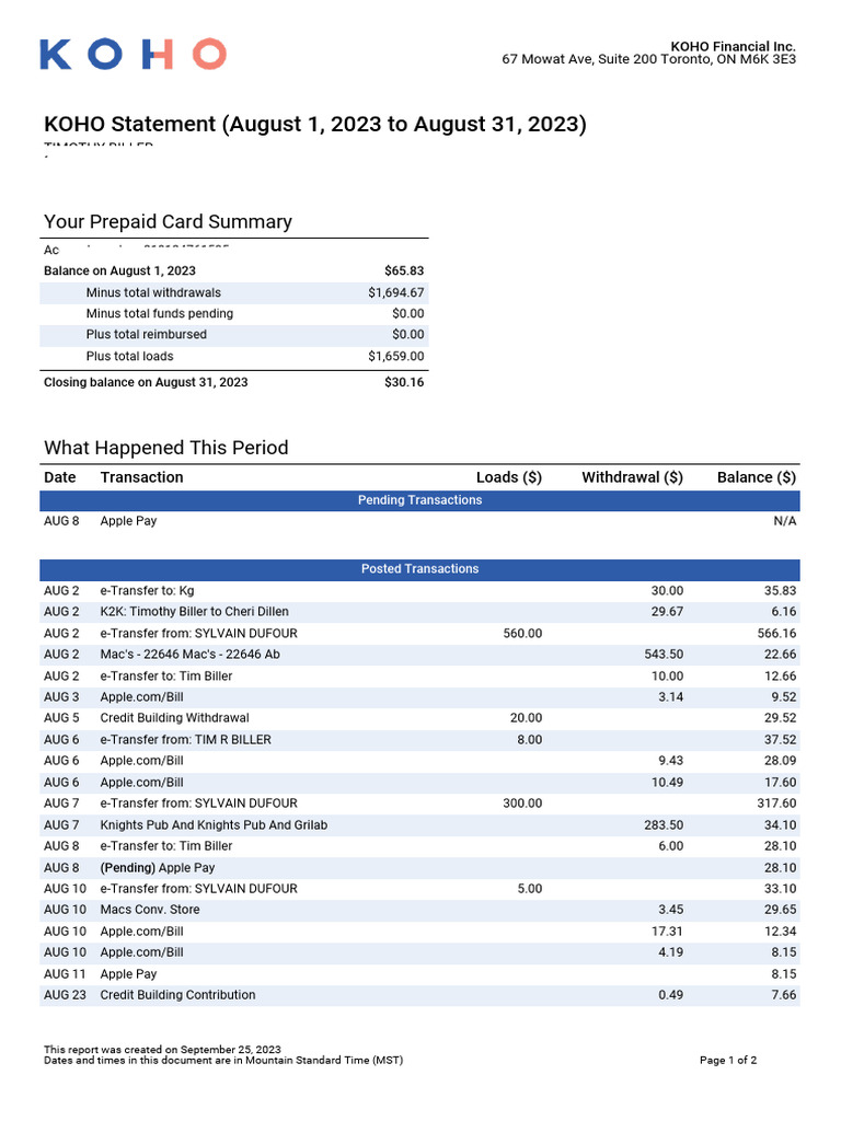 KOHO Bank Statement | Download Free PDF | Apple Pay | Financial Services