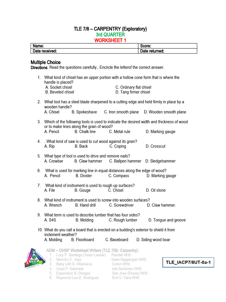 Carpentry Worksheets for TLE 7/8 | PDF | Tools