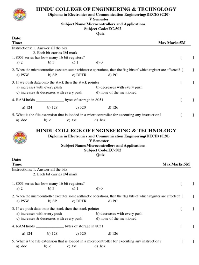 8051 Microcontroller Quiz V Sem | PDF | Central Processing Unit | Classes Of Computers