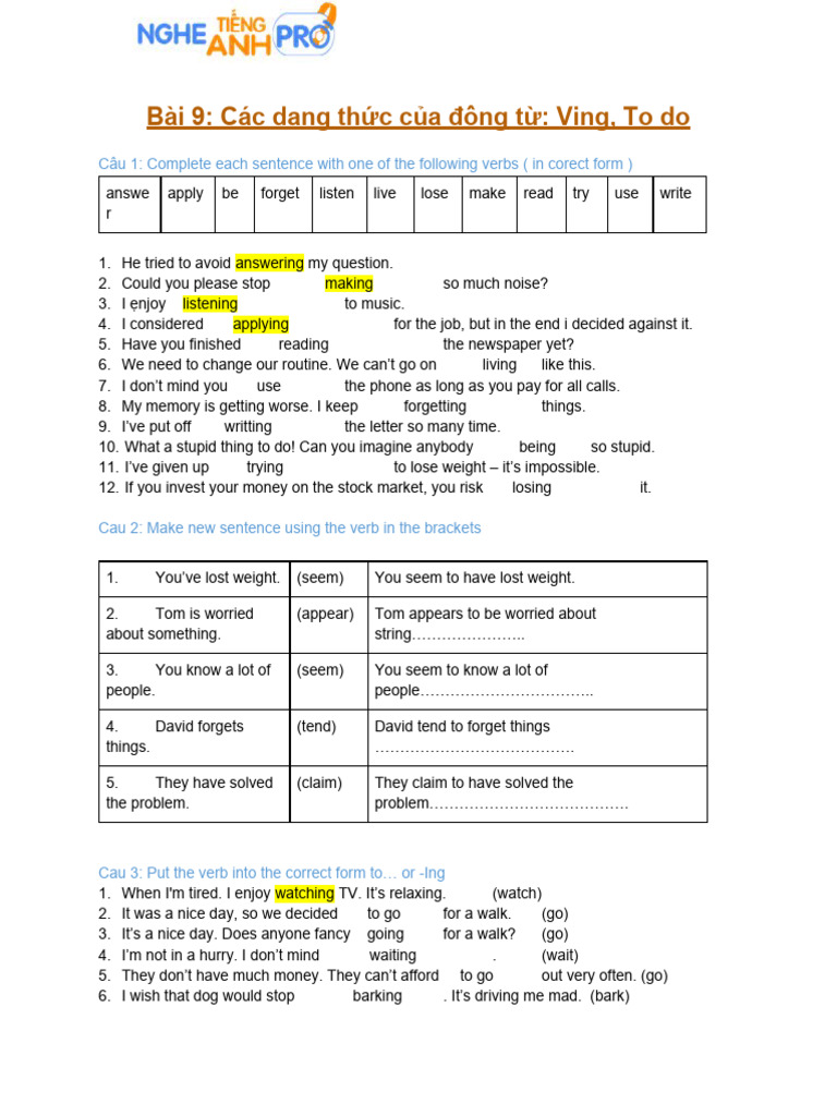 Bài 9 - Các D NG TH C C A Đ NG T - Ving, To Do | PDF