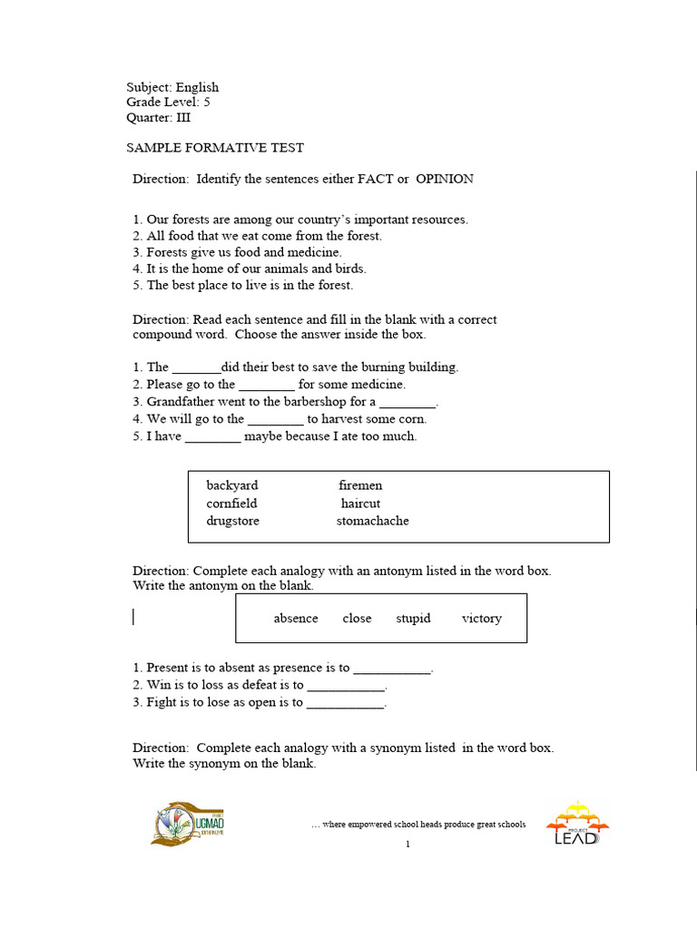 Formative Test Grade 5-Q3 | PDF | Insects | Bali