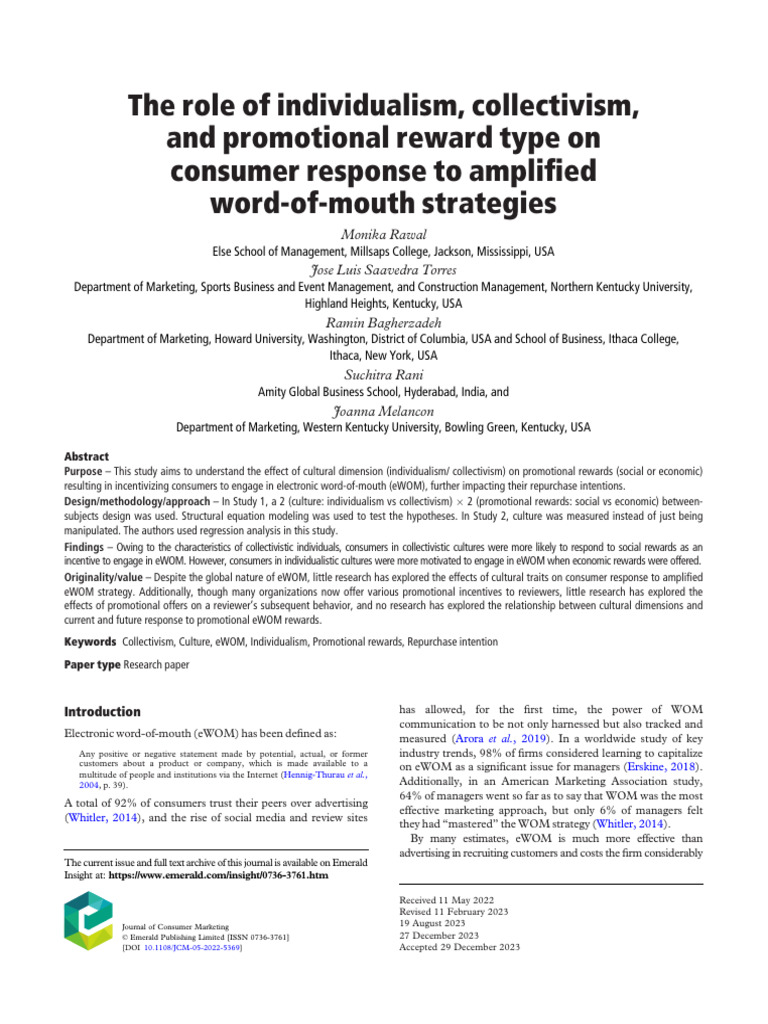 2024 - JCM - The Role of Individualism, Collectivism, and Promotional Reward Type On Consumer ...