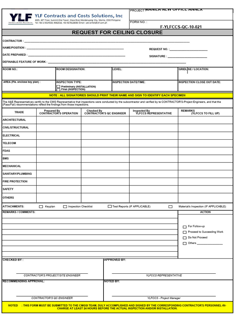 F-YLFCCS-QC-10-021 REQUEST FOR CEILING CLOSURE | PDF