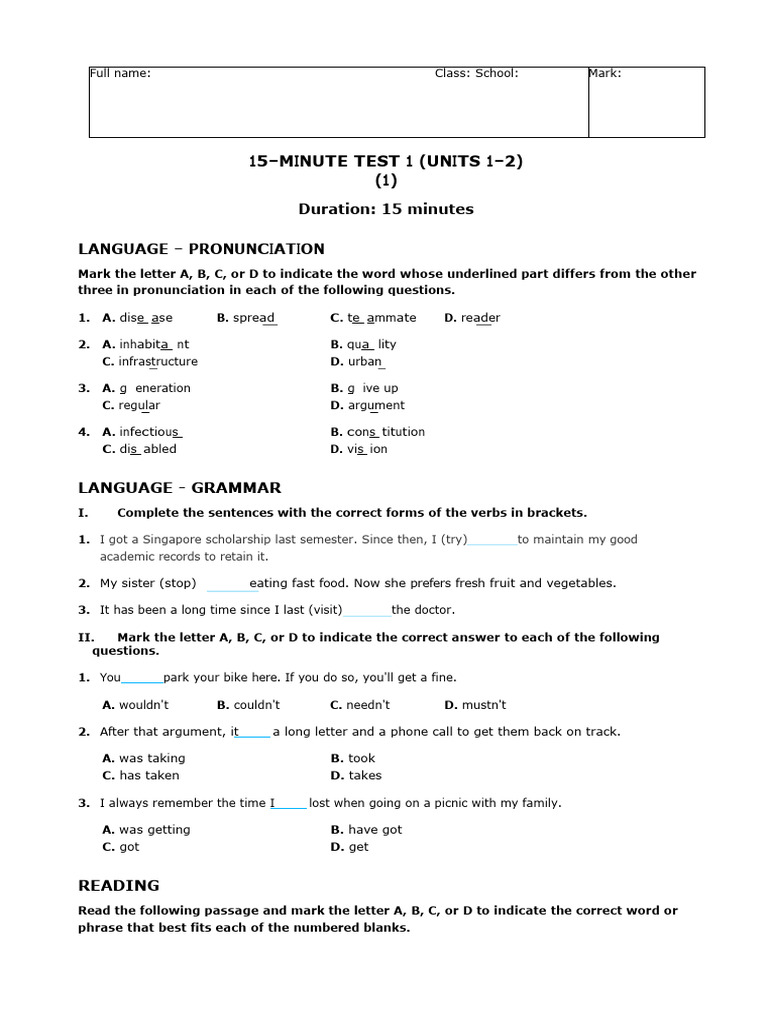 15-Minute English Test for Units 1-2 | PDF | Hand Washing | Epidemiology