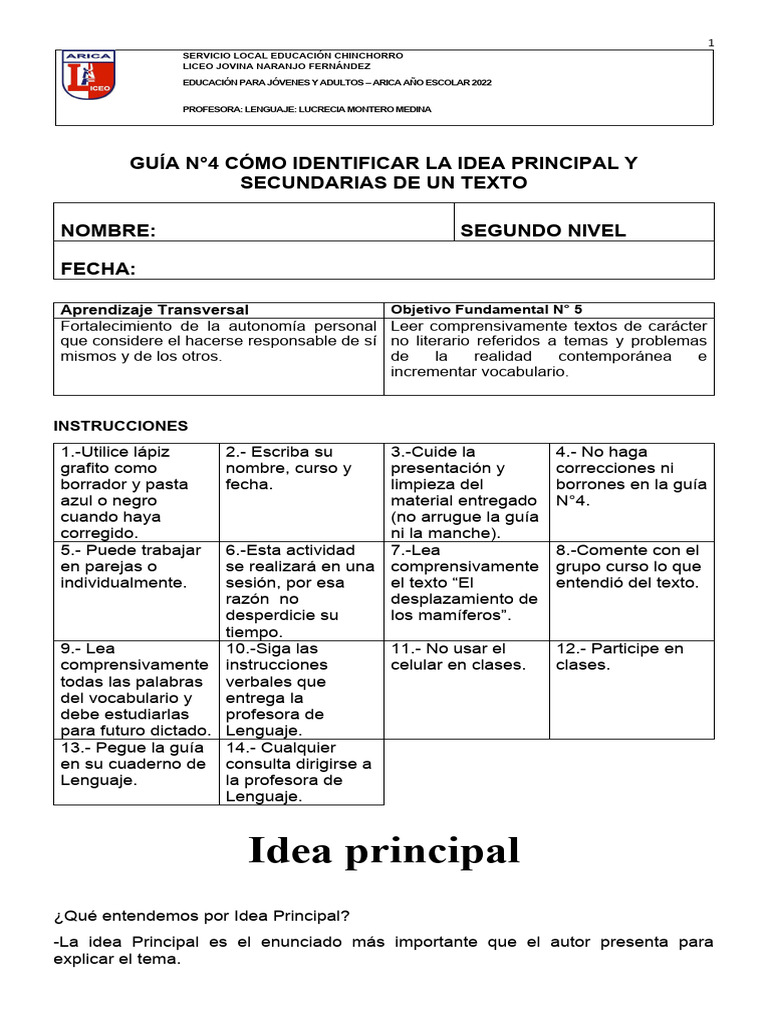 Guia N 4 Como Identificar Idea Principal y Secundarias | PDF | Mamíferos