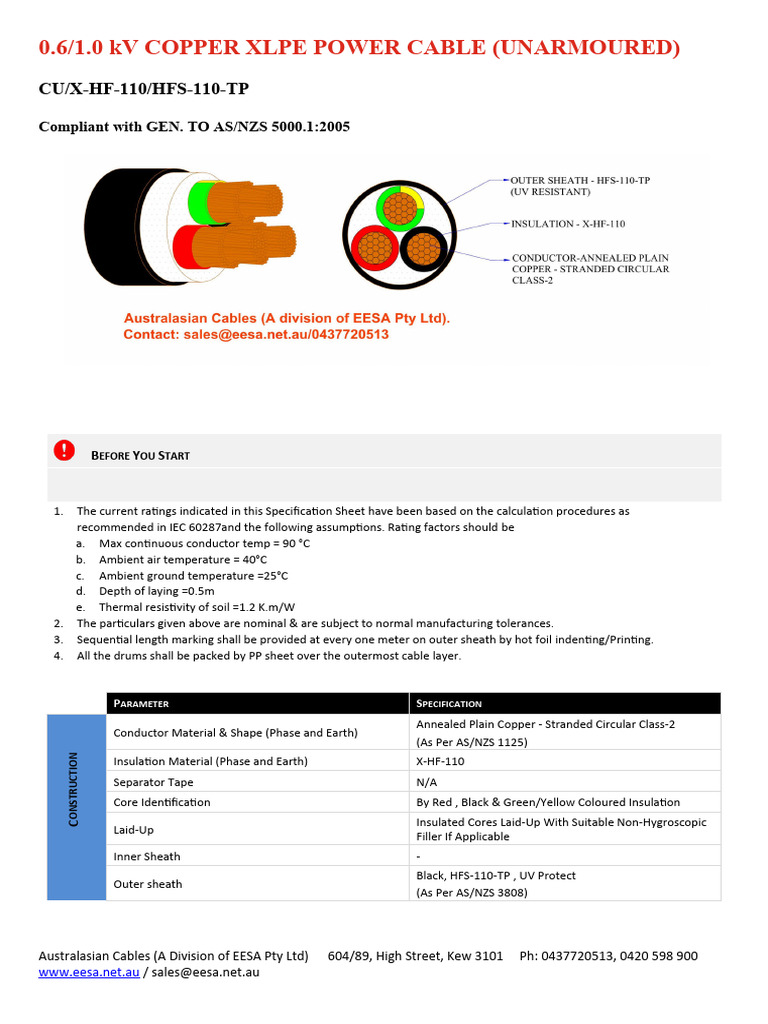 0.6/1.0 KV Copper Xlpe Power Cable (Unarmoured) : CU/X-HF-110/HFS-110 ...