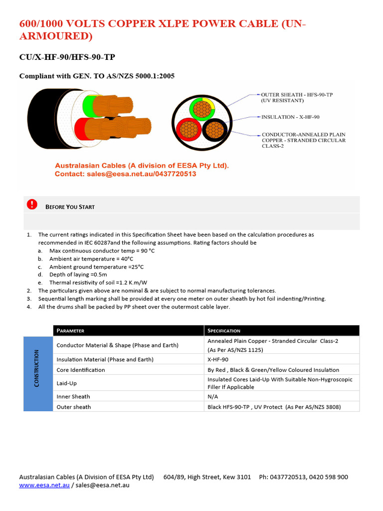 600/1000 Volts Copper Xlpe Power Cable (Un-Armoured) : CU/X-HF-90/HFS ...