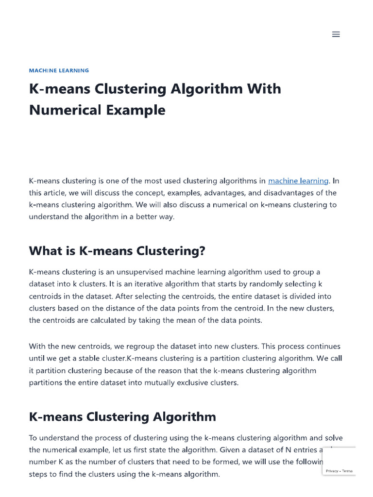 K-means Clustering Algorithm With Numerical Example | PDF