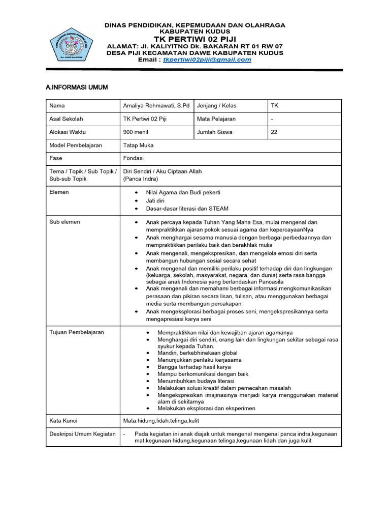 Modul Ajar Panca Indra Minggu 8 | PDF