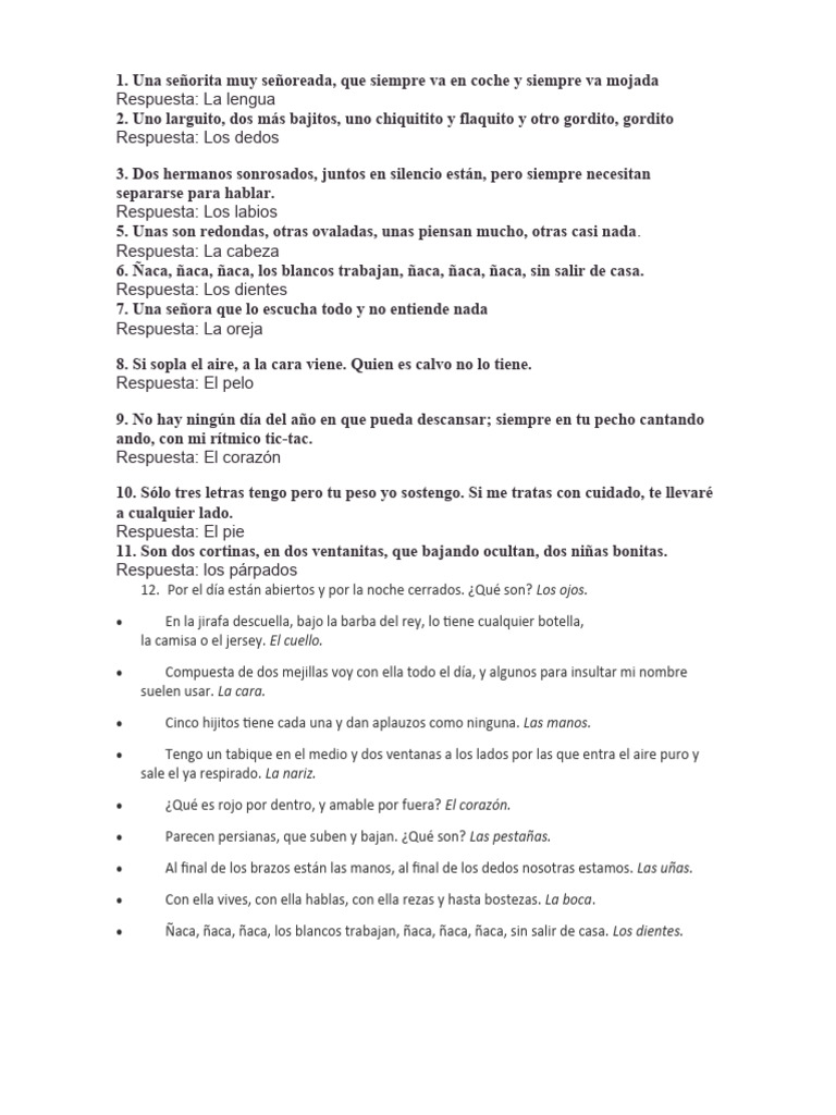 Adivinanzas Del Cuerpo Humano Pdf Artes Del Lenguaje Y Comunicación