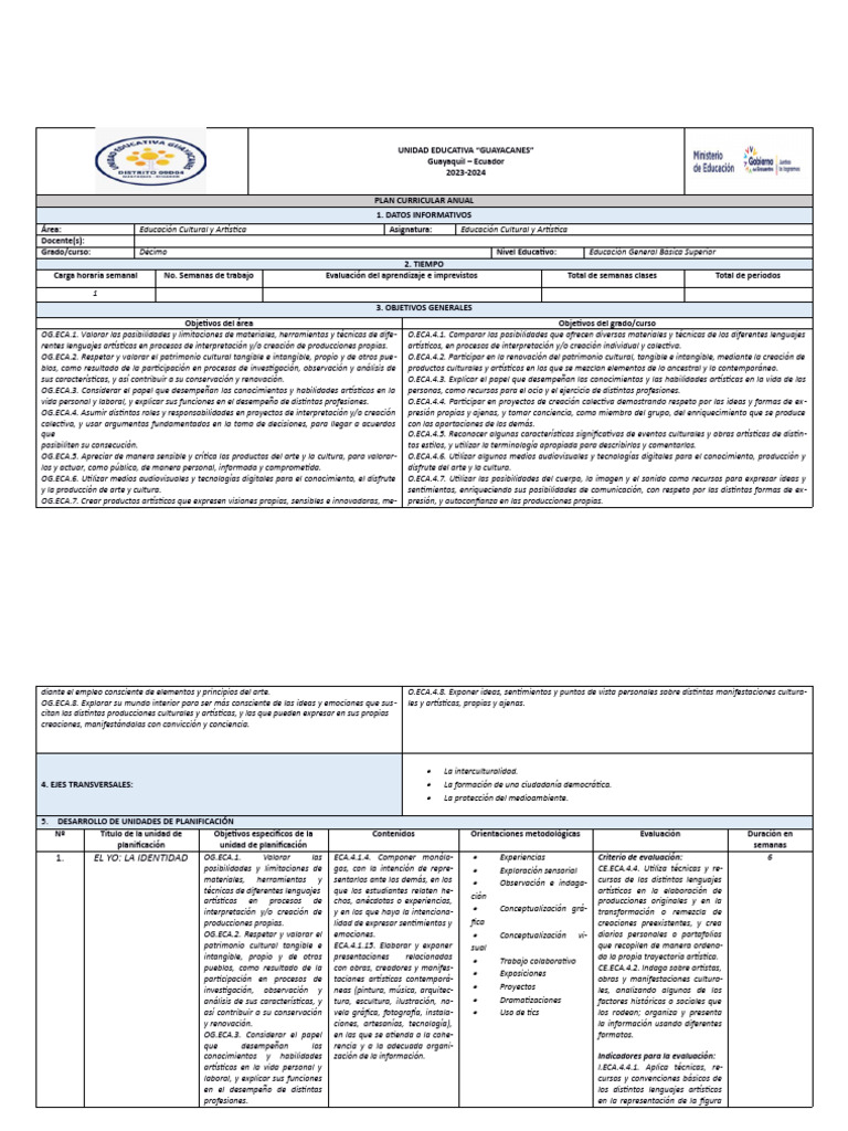 PLANIFICACIÓN DE ECA DÉCIMO | PDF | Evaluación | Conocimiento