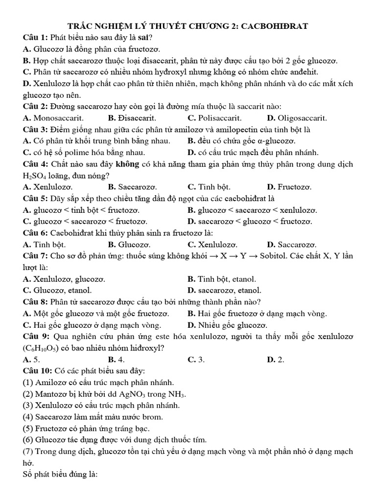 Trac Nghiem Ly Thuyet Chuong 2 Cacbohidrat Co Loi Giai Hoa Hoc Lop 12 | PDF