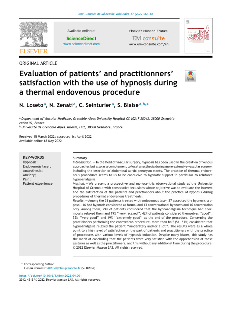 Satisfaction With The Use of Hypnosis | PDF | Hypnosis | Anesthesia