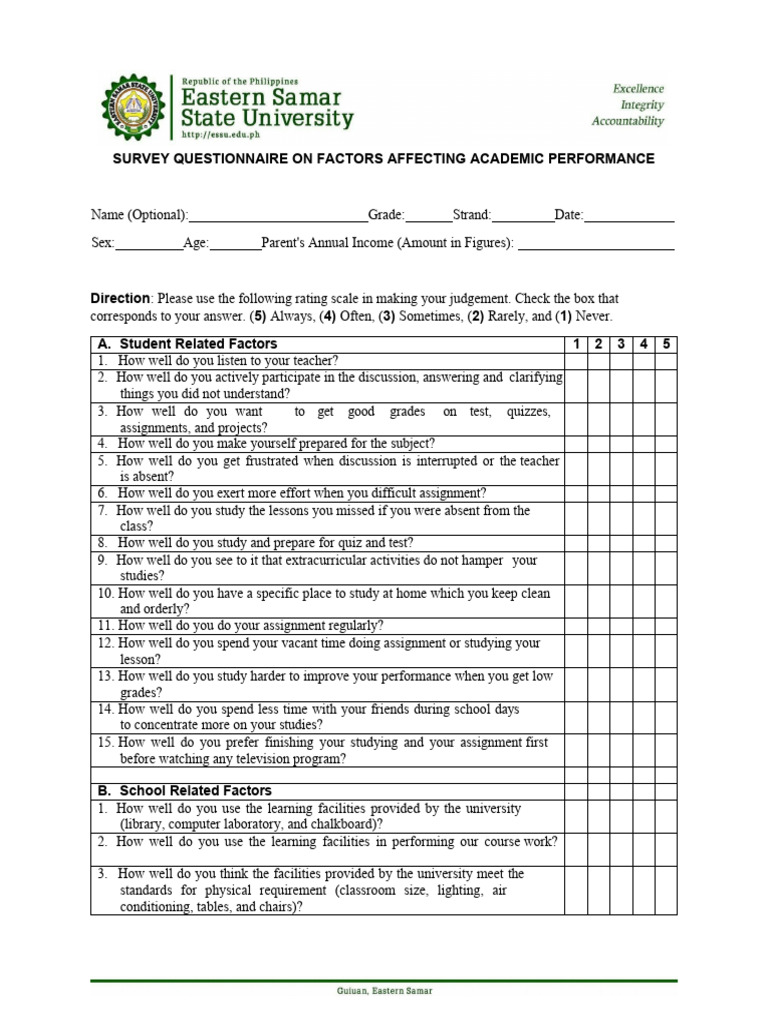 Academic Performance Factors Survey | PDF | Teachers | Questionnaire
